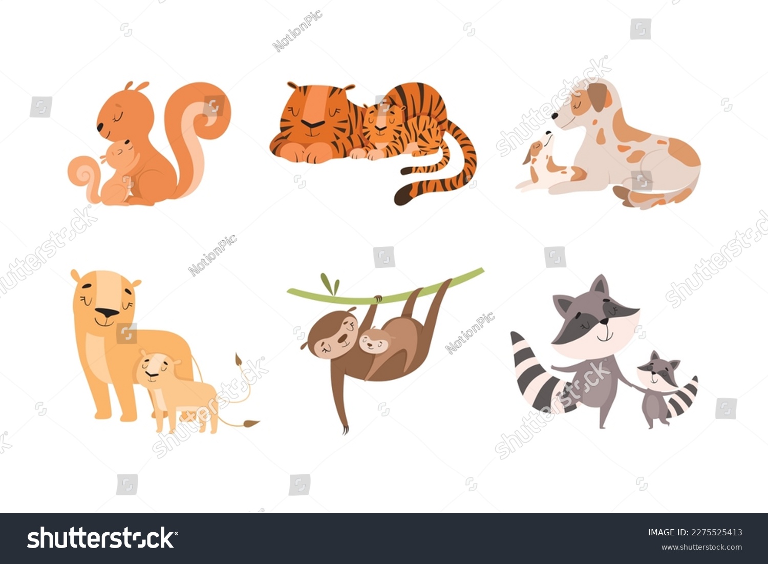 Loving mom animals hugging cubs set. Cute parent and baby animal ...