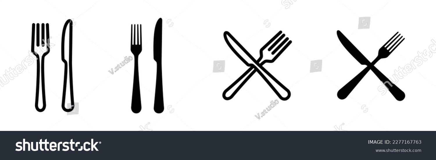 Fork and knife icon. BBQ cutlery icon set in line and flat style ...