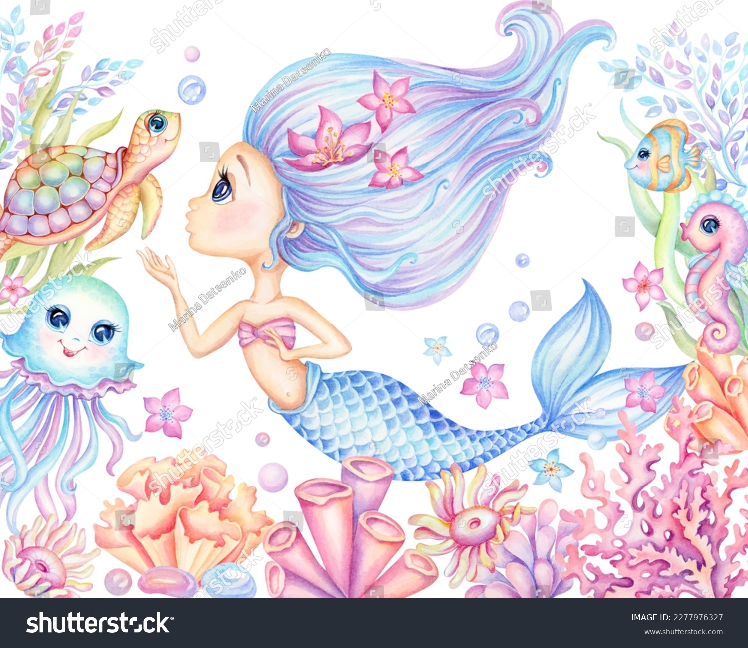 Little mermaid and Sea animals in floral frame. Fantasy Underwater life ...