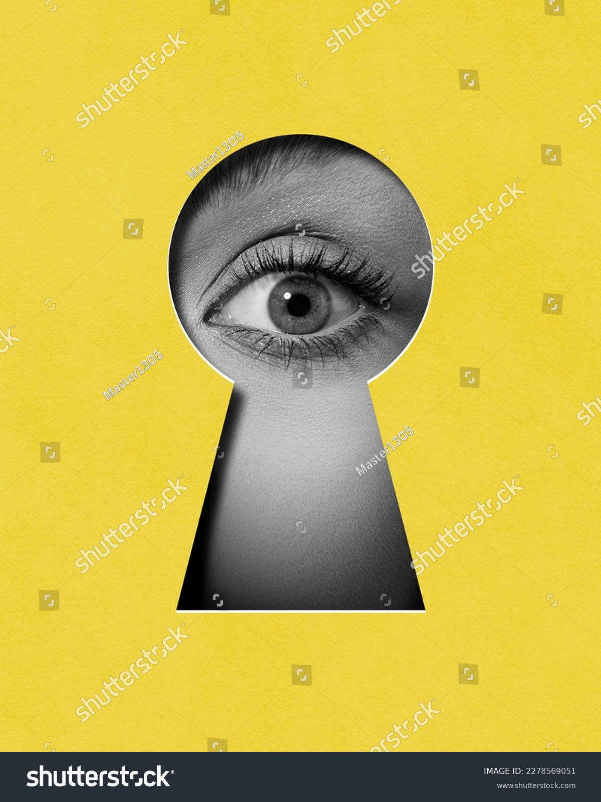 Hidden secrets. Female eye attentively looking into keyhole against ...