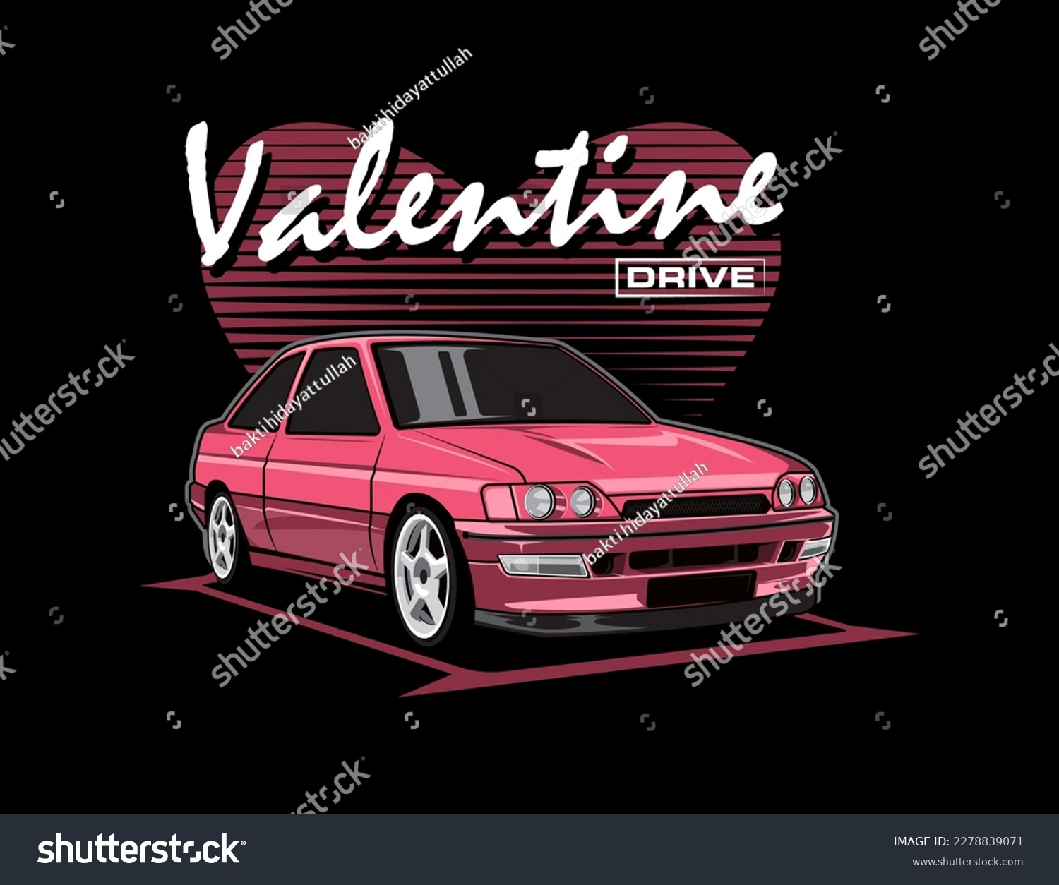 cute pink car illustration vector design graphic with striped love ...