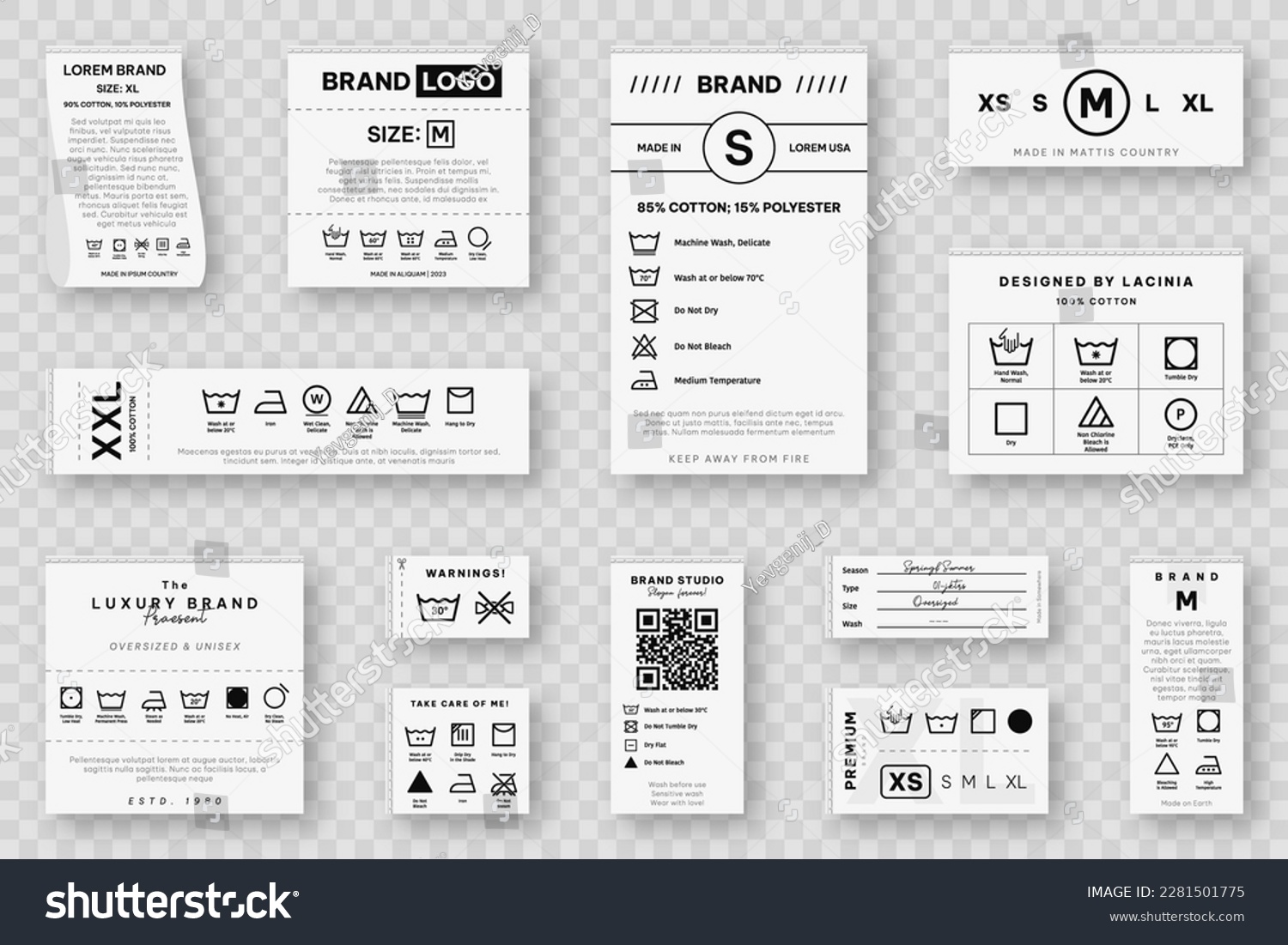 Laundry label collection with care symbols and washing instructions ...