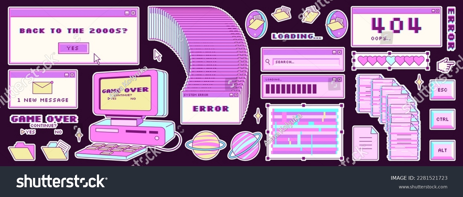 Big sticker set in trendy y2k style. Old computer aestethic. Retro pc ...