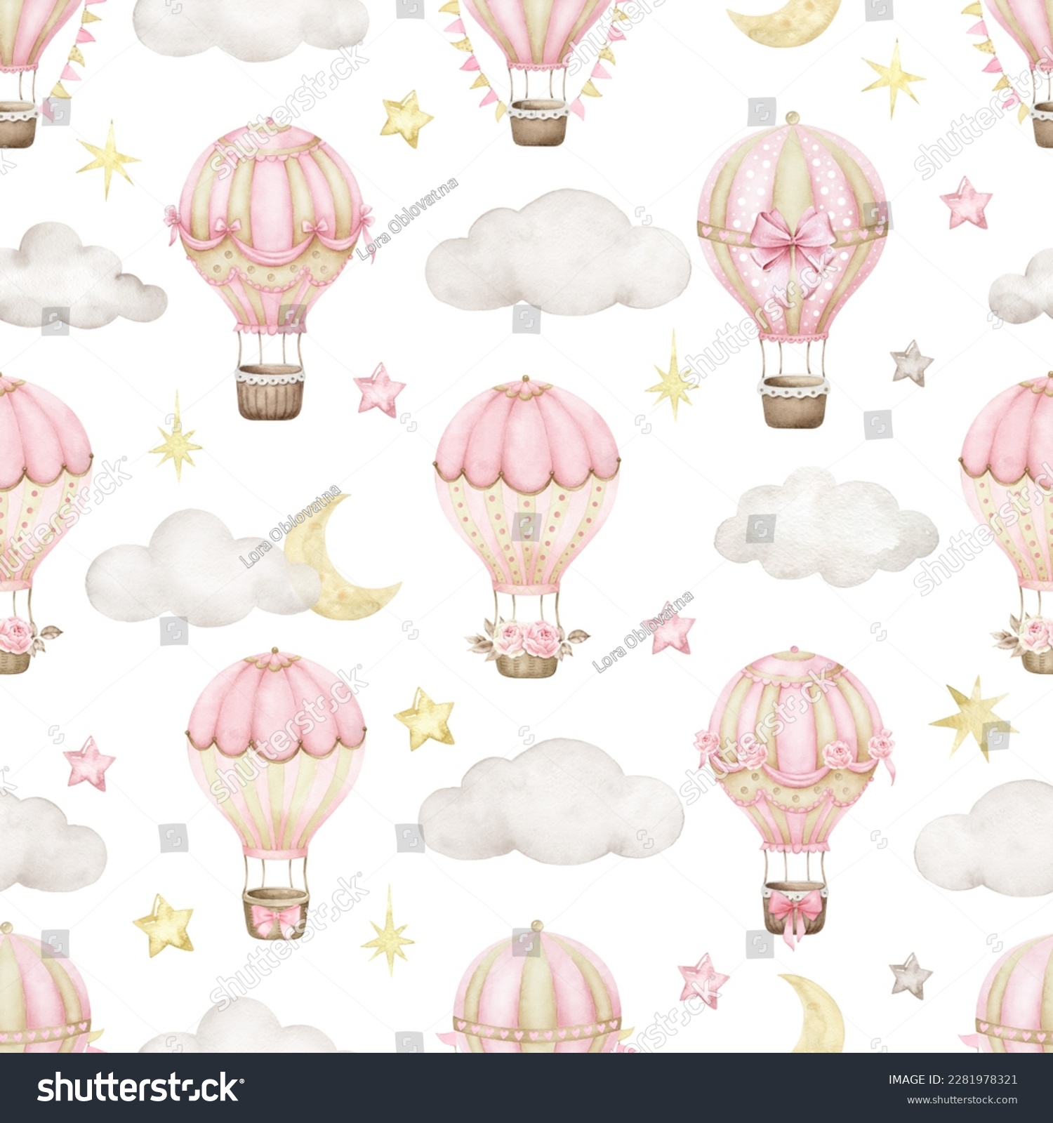 Pink hot air balloons seamless pattern. Watercolor hand painted ...