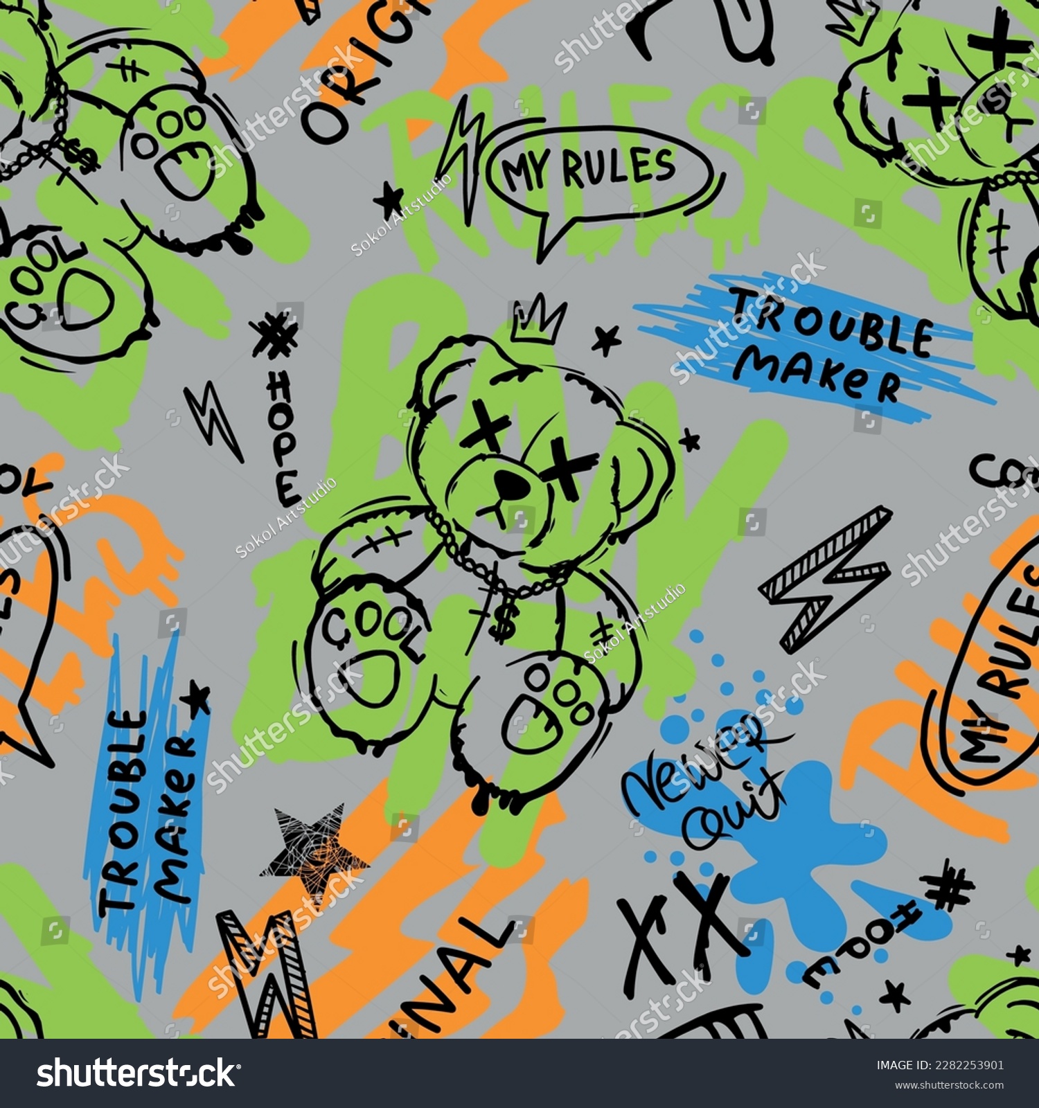 hand drawn pattern with bears toys. Cool background for boys. For ...