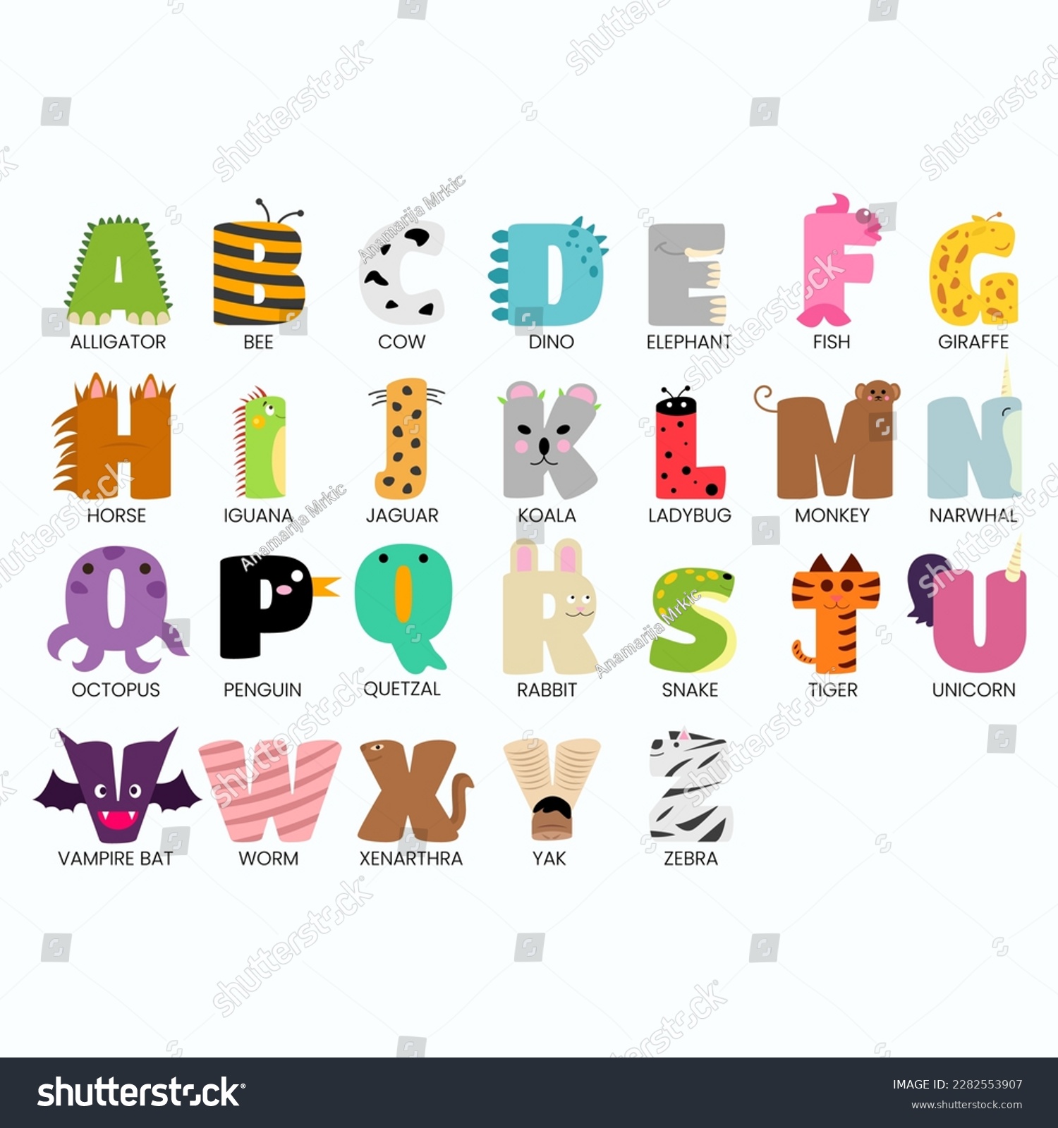 Cute and colorful animal alphabet. Learn to read letters. From A to Z ...