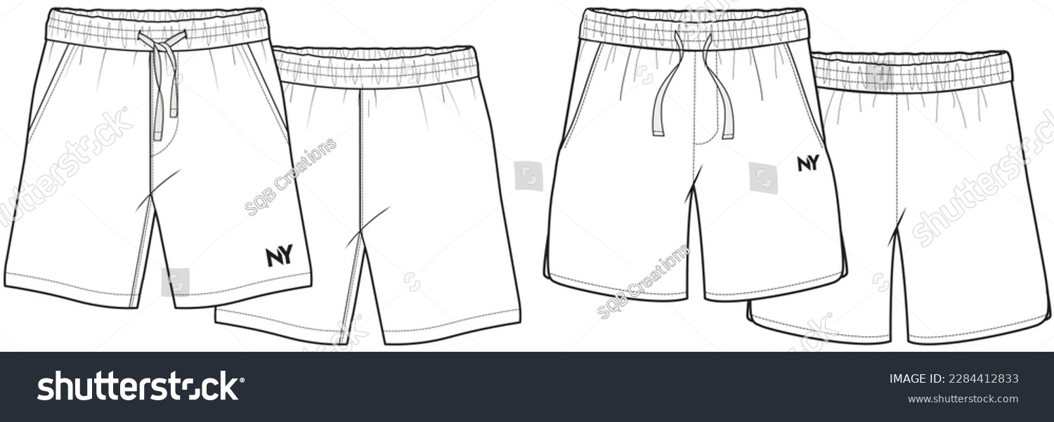 mens elastic waist drawstring shorts flat sketch vector illustration ...