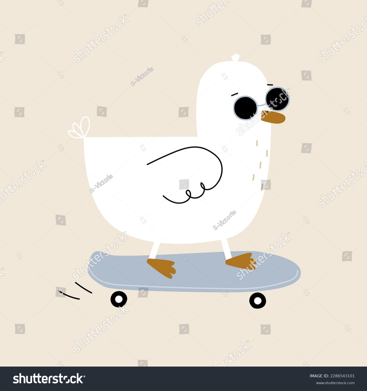 Funny duck skateboarder. Cartoon childish print. Vector hand drawn ...