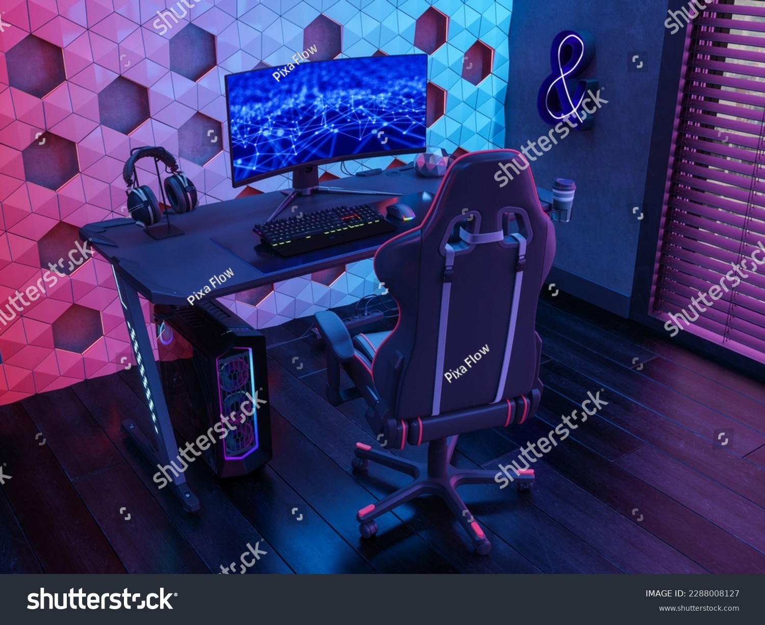 Gamer Room With Gaming Chair Computer Monitor And Neon Lights At Night ...