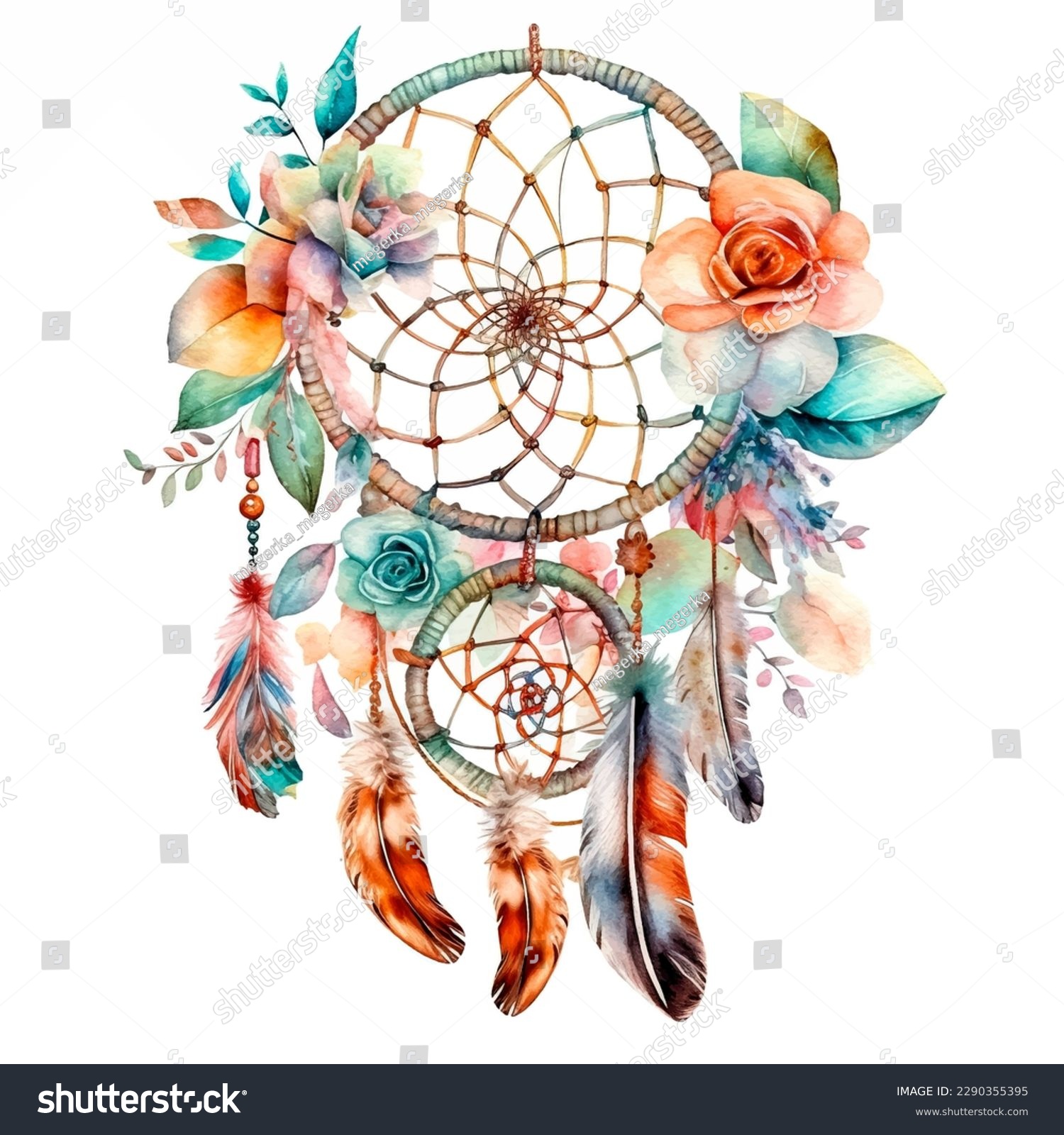 Vector watercolor decoration bohemian dream catcher boho feathers ...