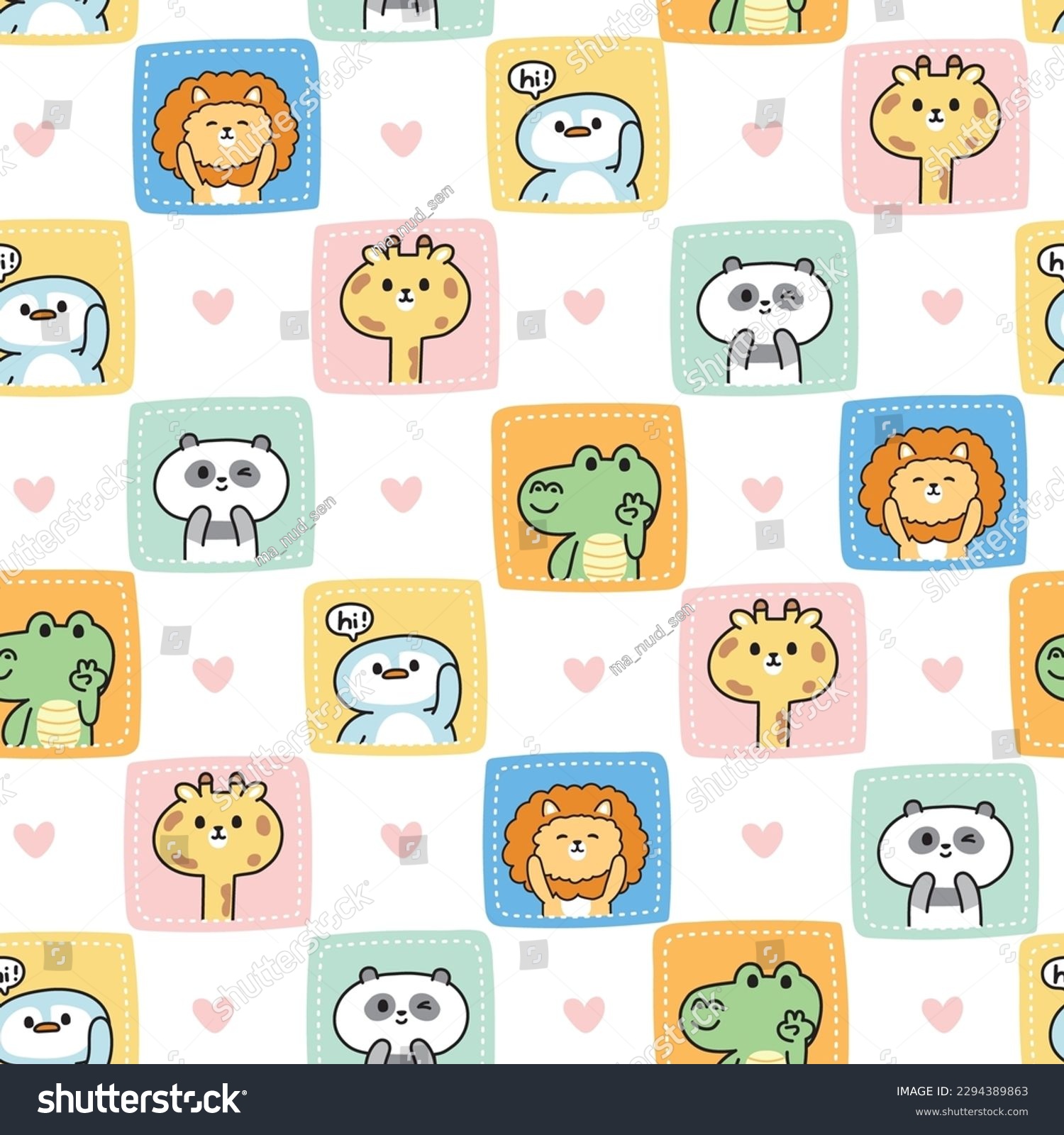 Seamless pattern of cute animals in rectangular frame with heart on ...