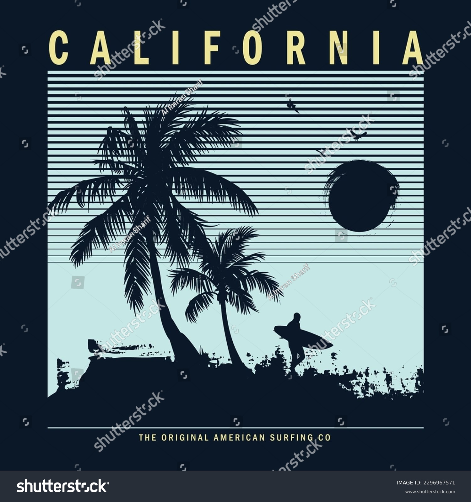 Vector illustration on the theme of surfing and surf in California ...