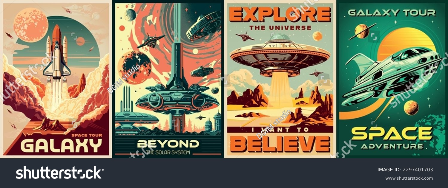 Space sci-fi set posters colorful with UFO and intergalactic ships or ...