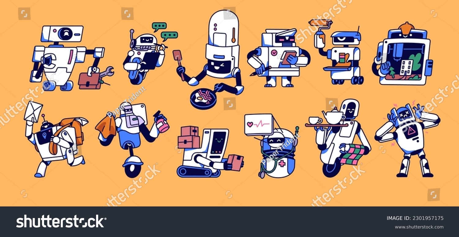 Cute robot characters set. Android bots AI assistants in retro ...