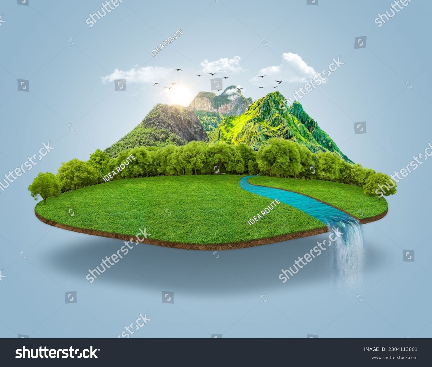 Green island forest isolated with tree mountains green grass waterfall ...