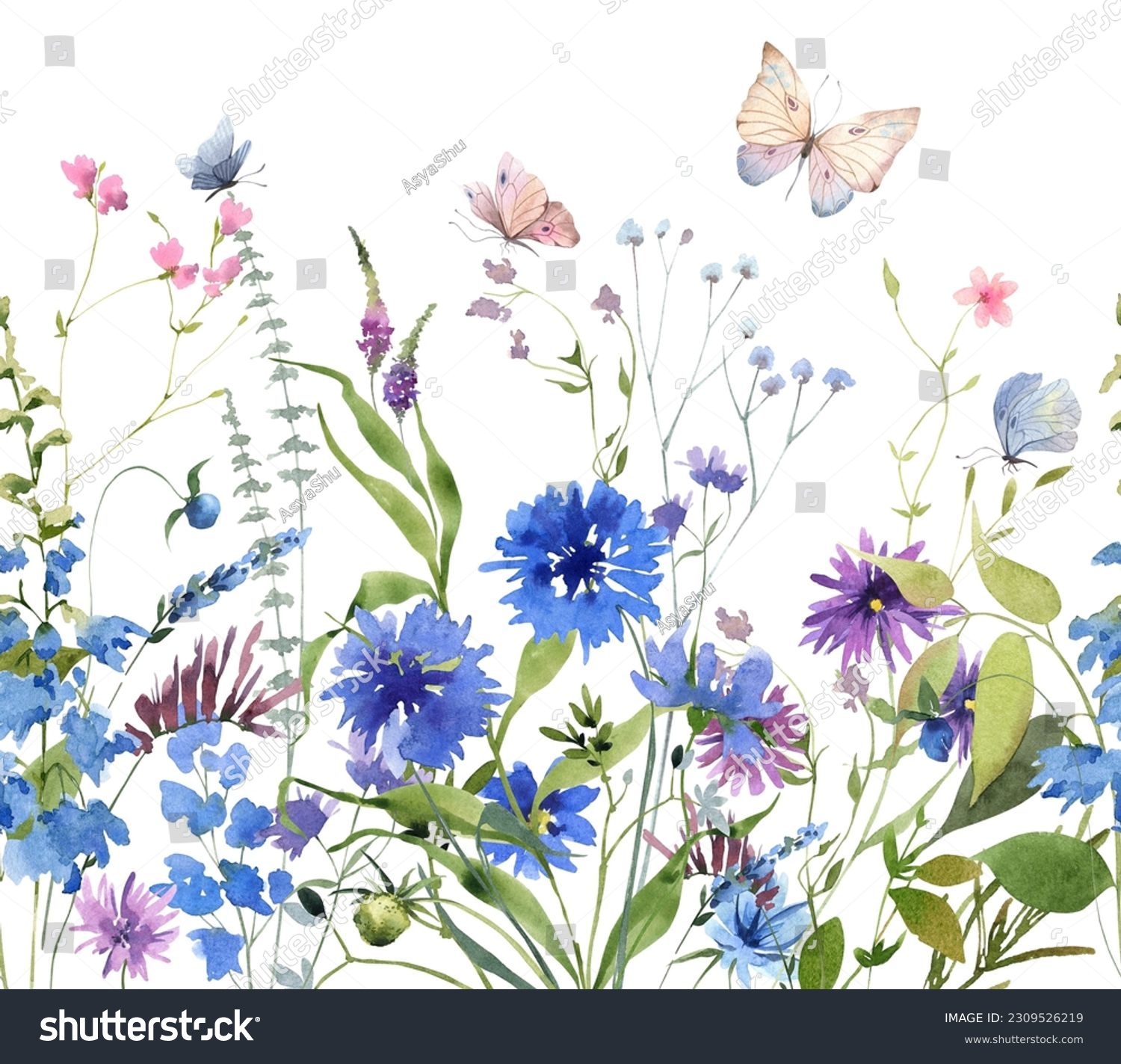 Watercolor blue wildflowers and bytterflies seamless background_站酷海洛_正版 ...
