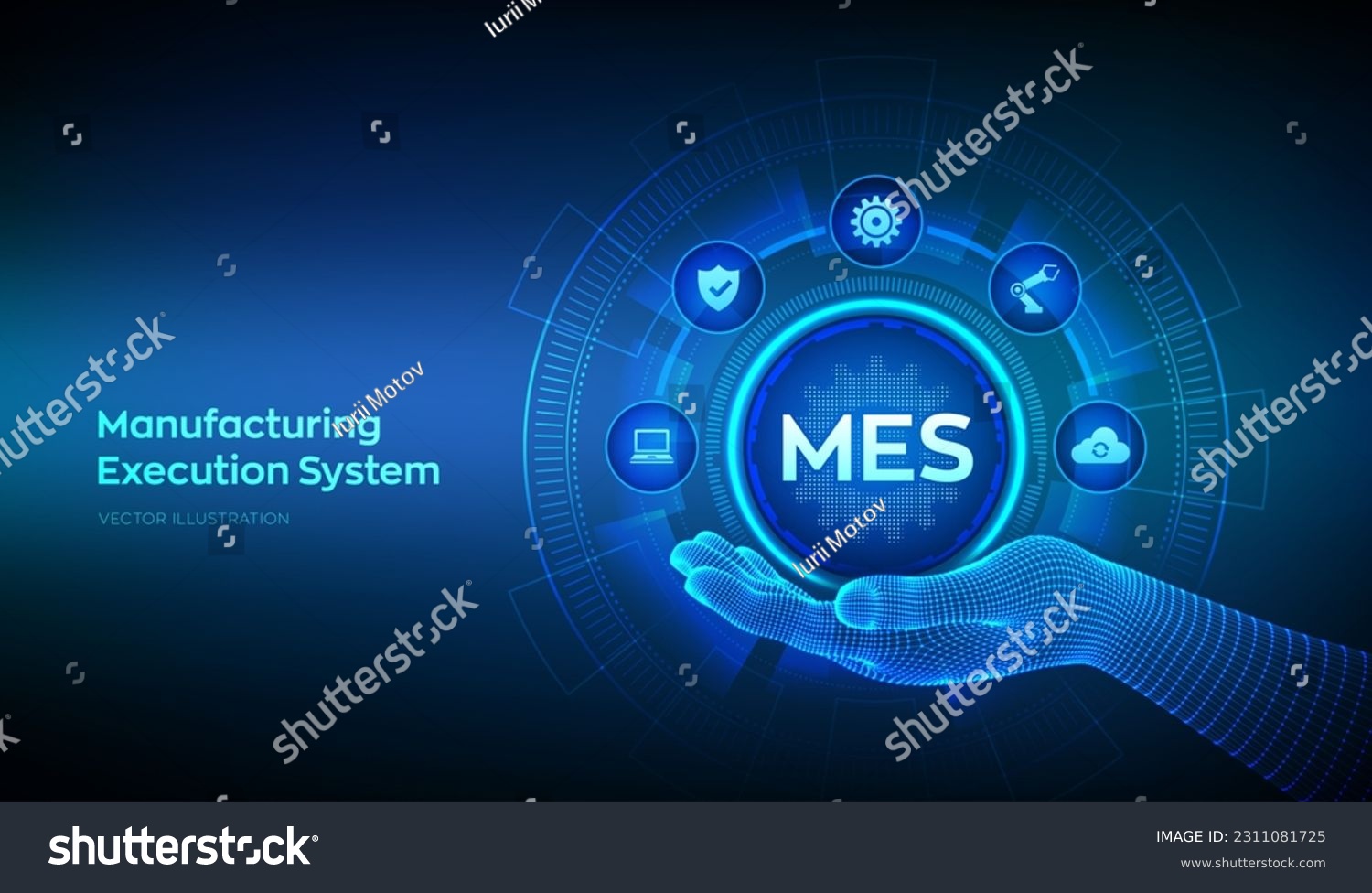 MES icon in wireframe hand. Manufacturing execution system. Business ...