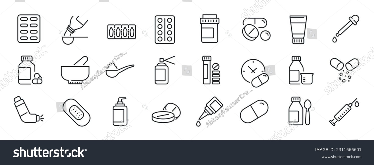 Pharmaceutical dosage thin line icons. For website marketing design ...