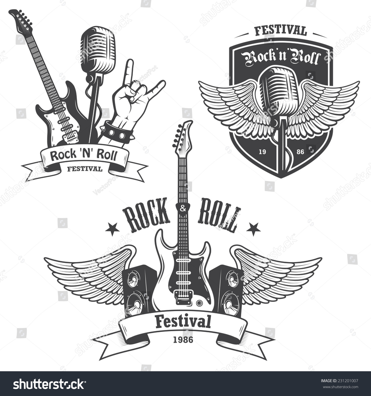 Set of rock and roll music emblems labels badges and design elements ...