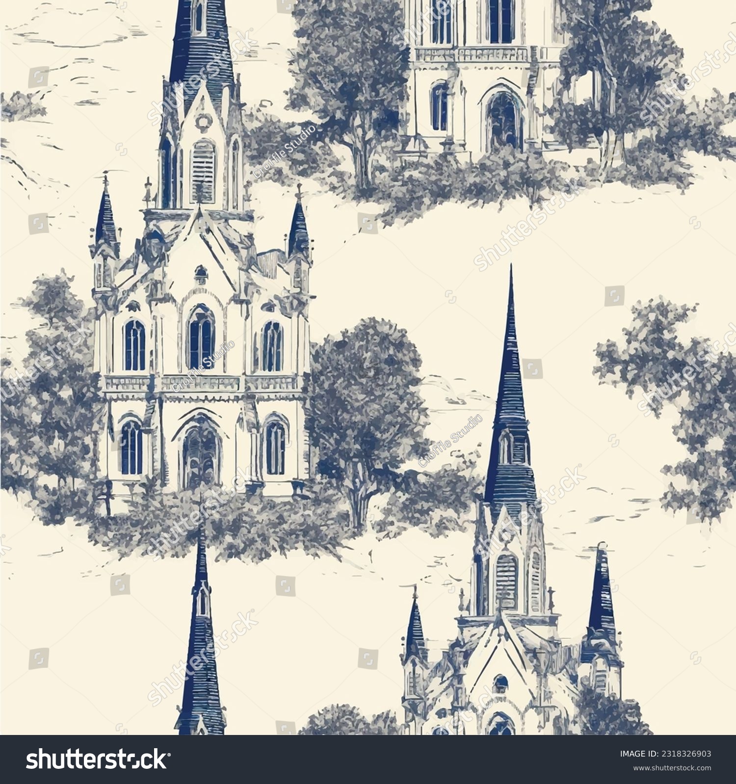 Toile de jouy french illustration style of a classic church seamless ...
