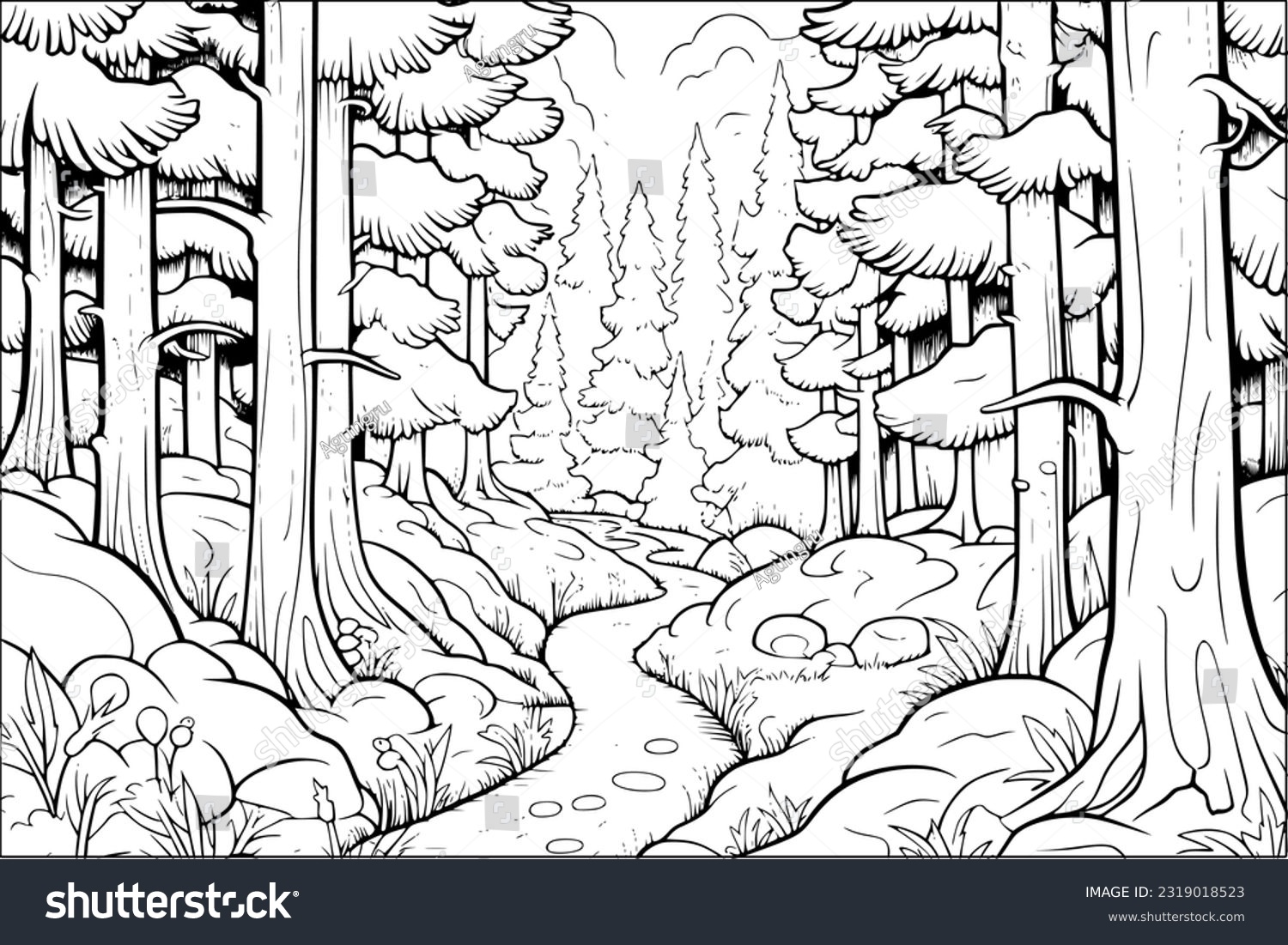 Pine Forest coloring page for adult and child. Stress release coloring page vector illustration ...
