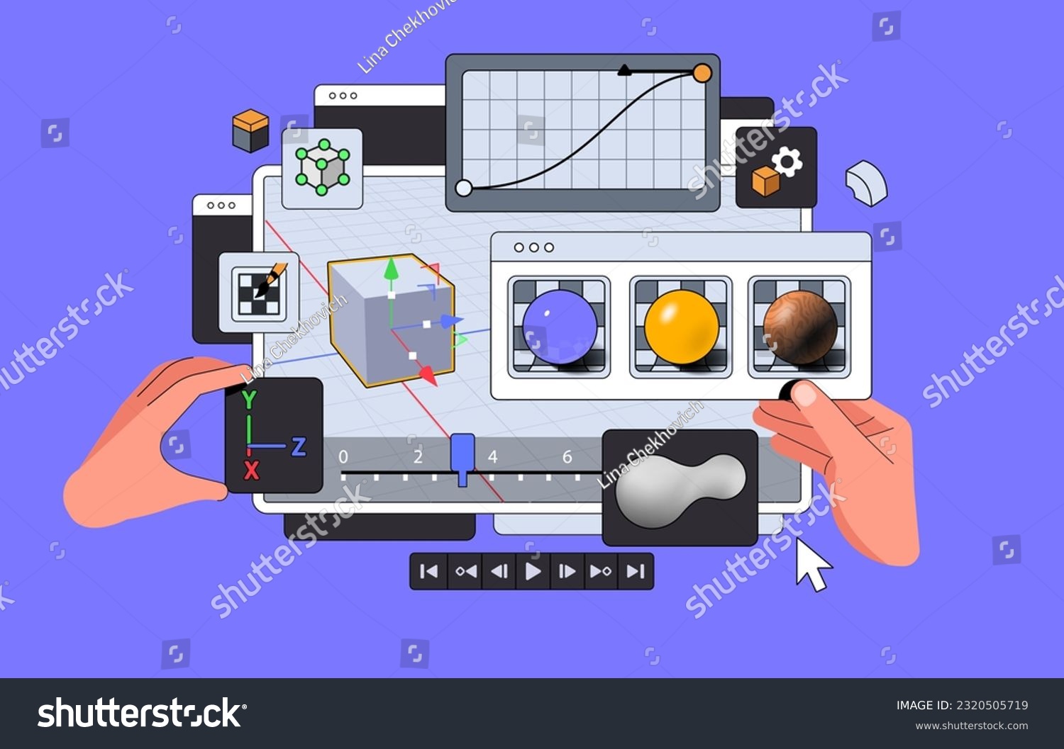 3D Software suite Interface Layout with hands. Viewport of Program for Motion Designers and ...