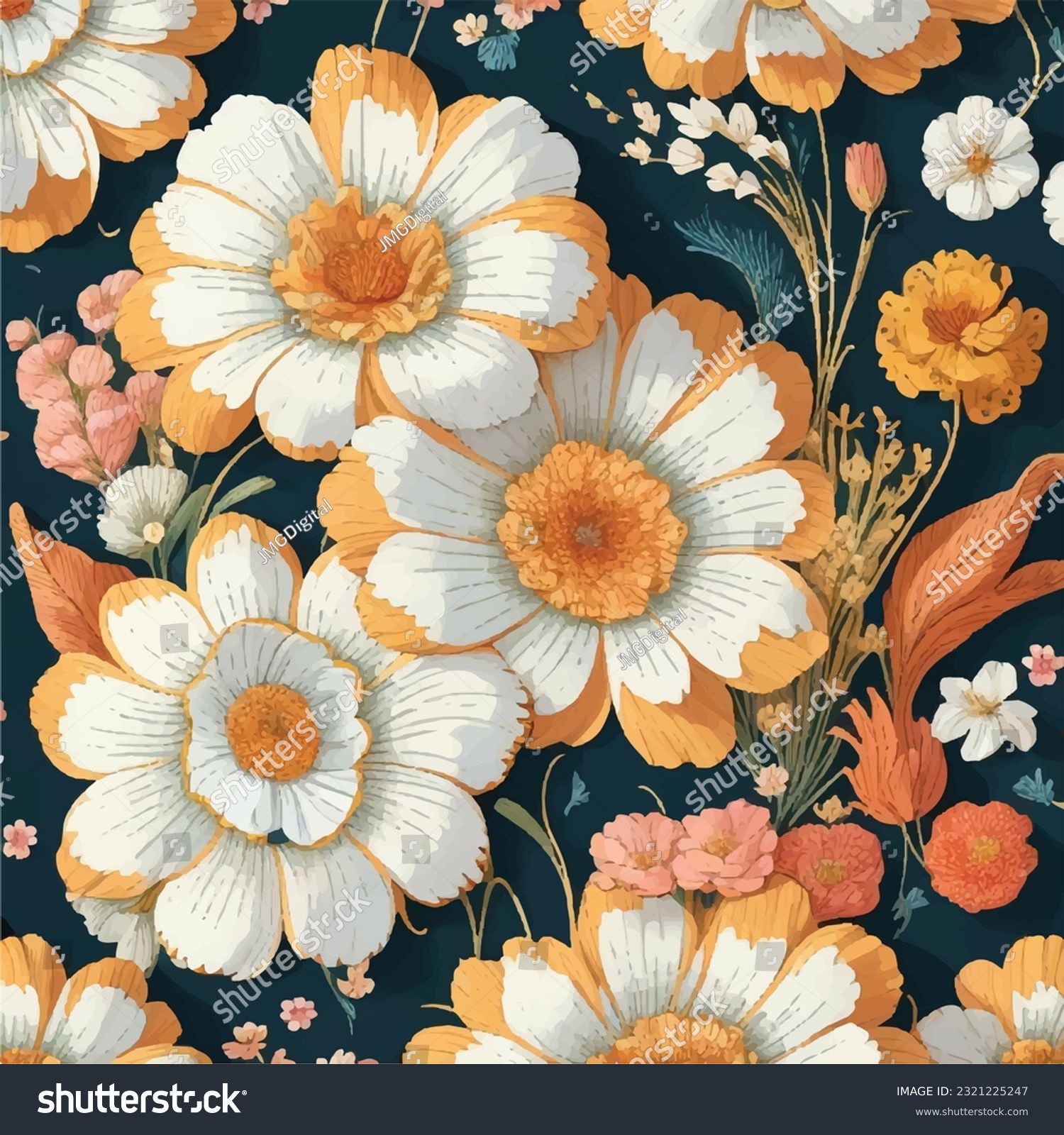 Seamless vintage-inspired flower pattern in vector artwork. Classic ...