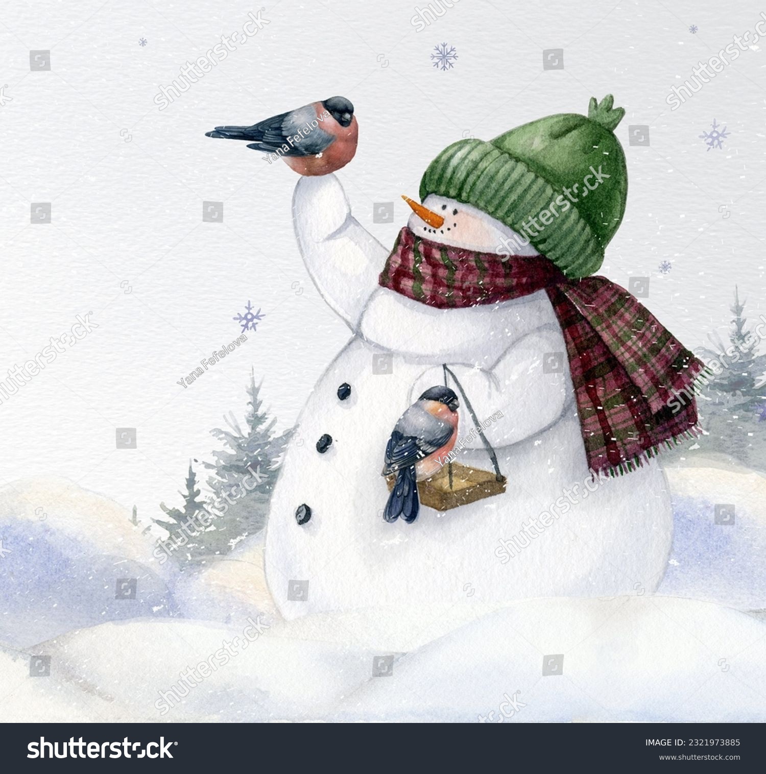 Watercolor hand-drawn funny snowmen hold bird feeder with birds. Winter ...