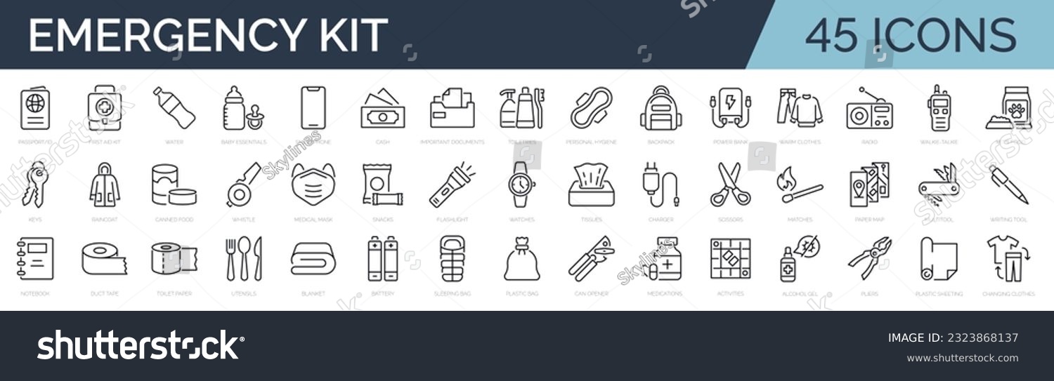 Set of outline icons related emergency kit survival kit grab-and-go bag ...