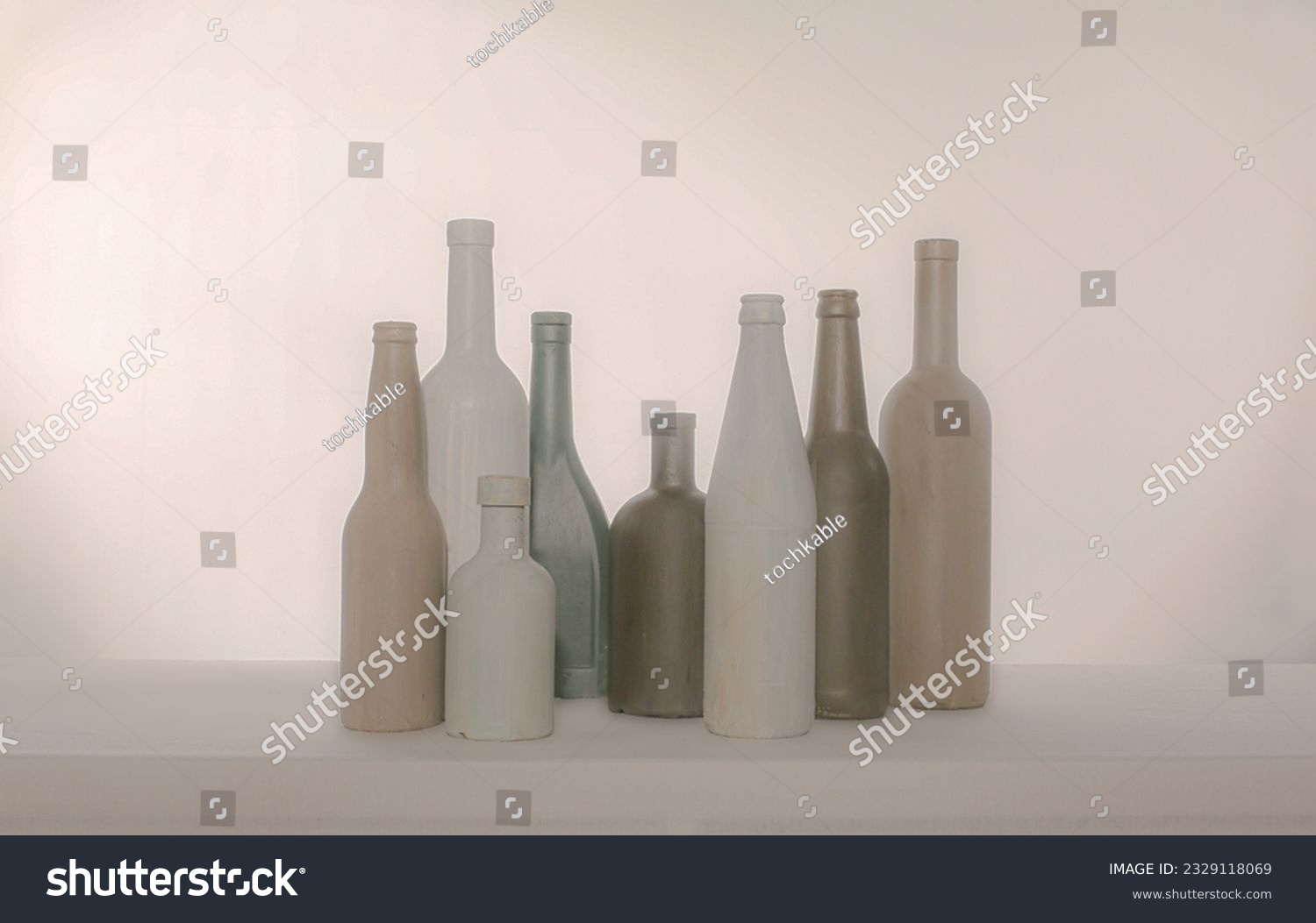 still life of several bottles in color and composition in the style of ...
