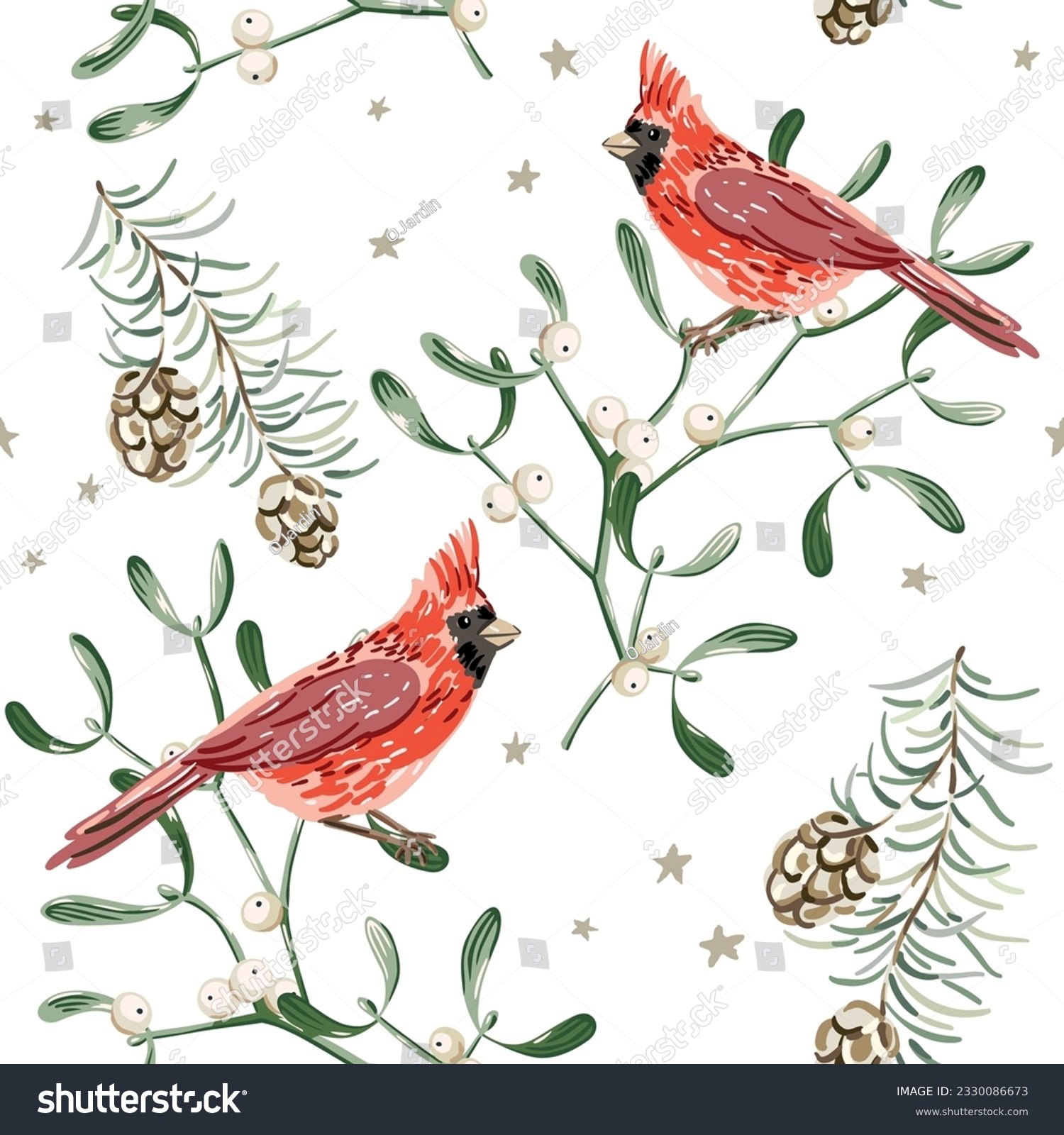 Christmas seamless pattern cardinal birds mistletoe green twigs cones ...