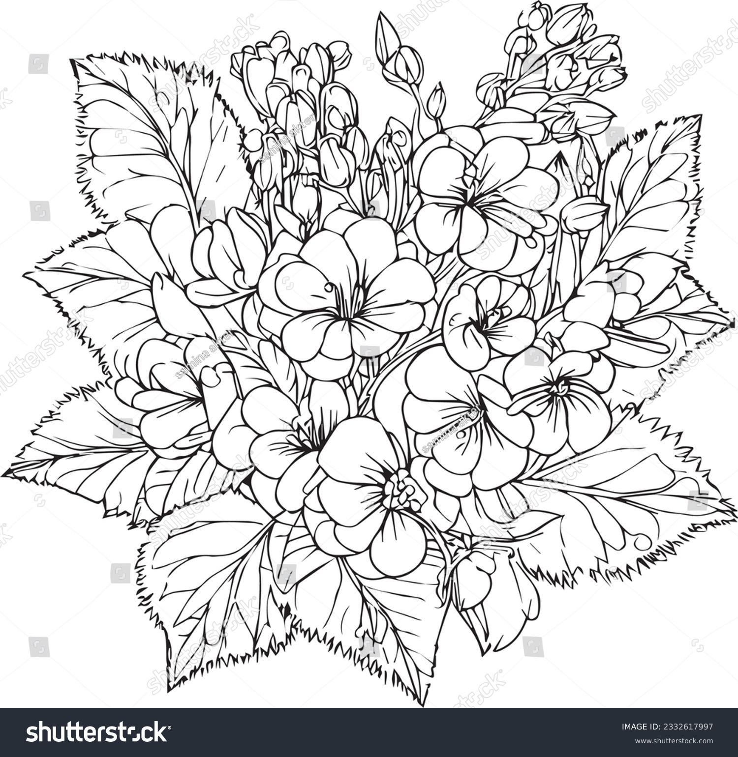 Primrose coloring book hand drawn botanical spring elements bouquet of ...