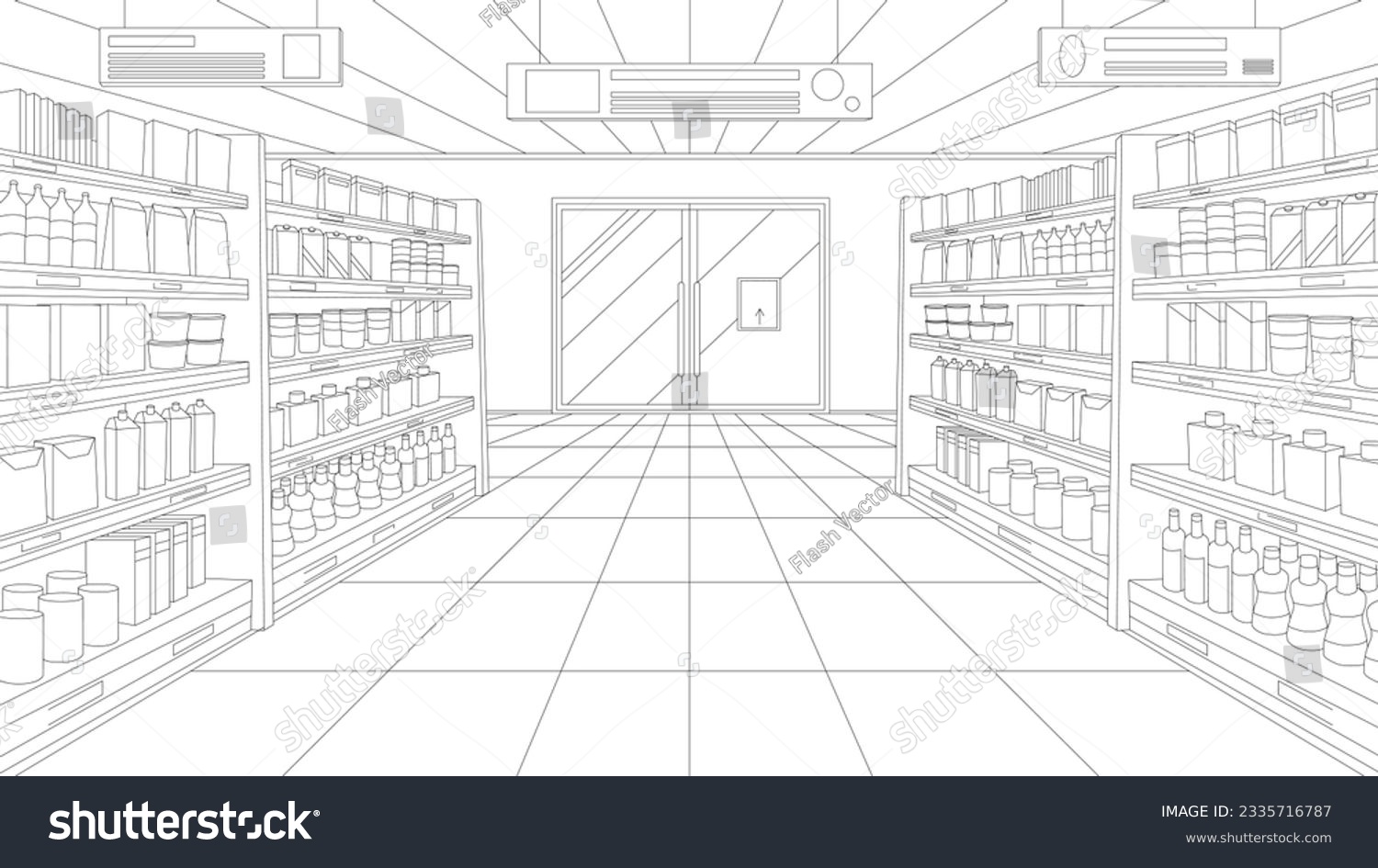 Supermarket or grocery store aisle perspective sketch of interior ...