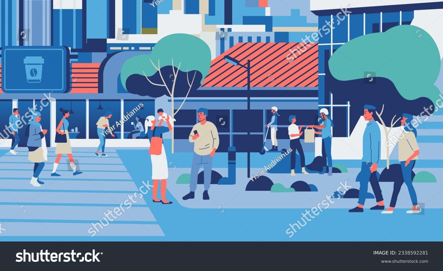 People walking along city street. Modern urban lifestyle scene with ...