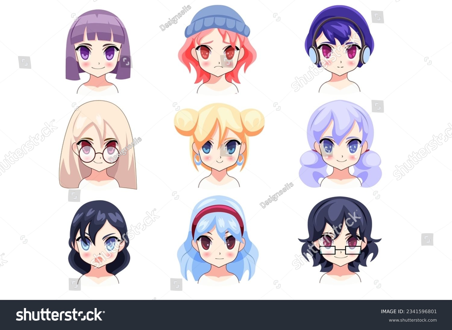 Anime avatars icons in the flat cartoon design. Images with different ...