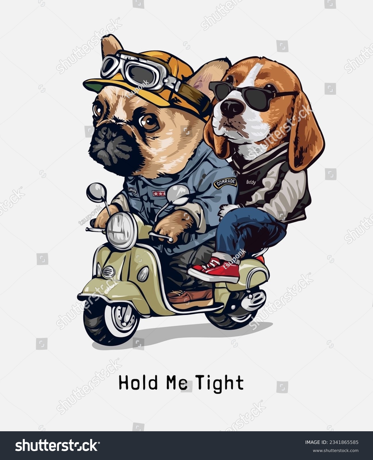 hold me tight slogan with cartoon scooter dogs pillion riders vector ...