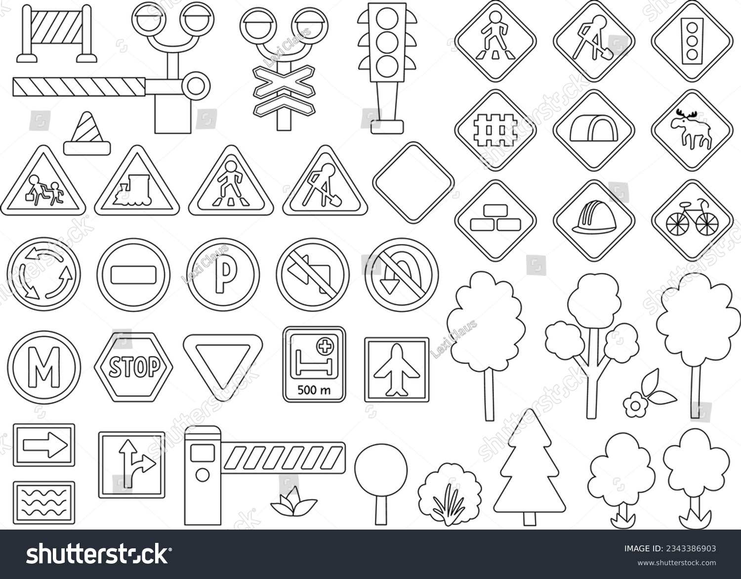 Vector black and white road signs set. Railway and traffic street line ...