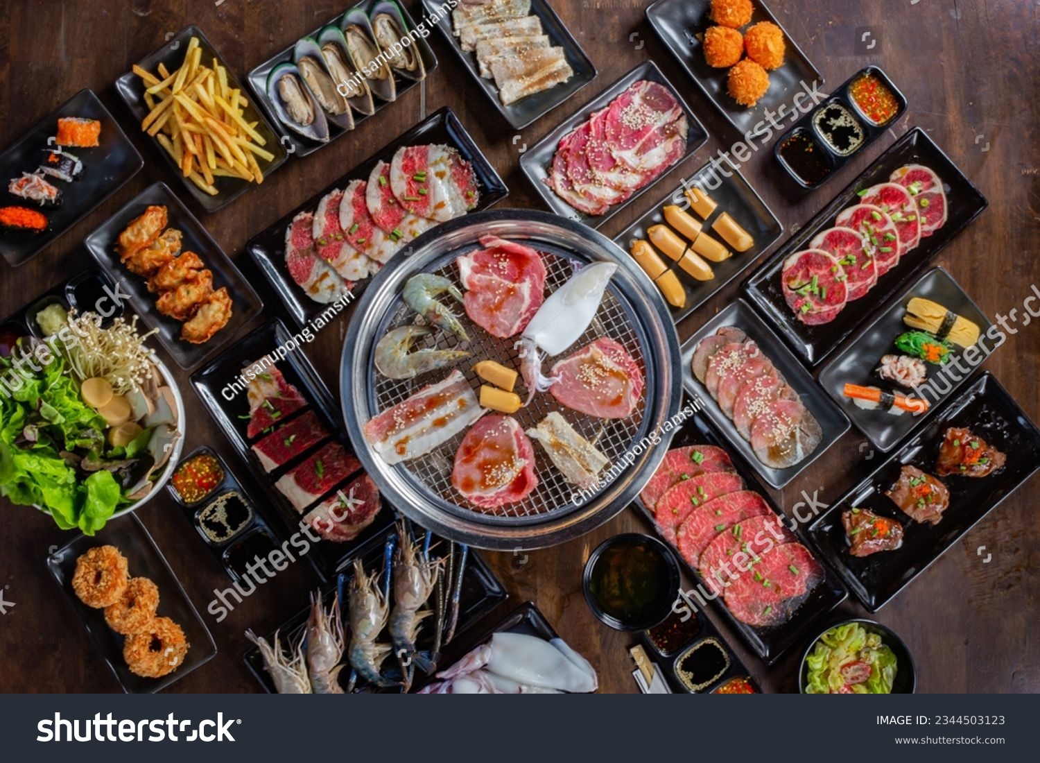 Set Shabu and Grill traditional japanese food Raw Beef Sliced and seafood for Japanese BBQ ...