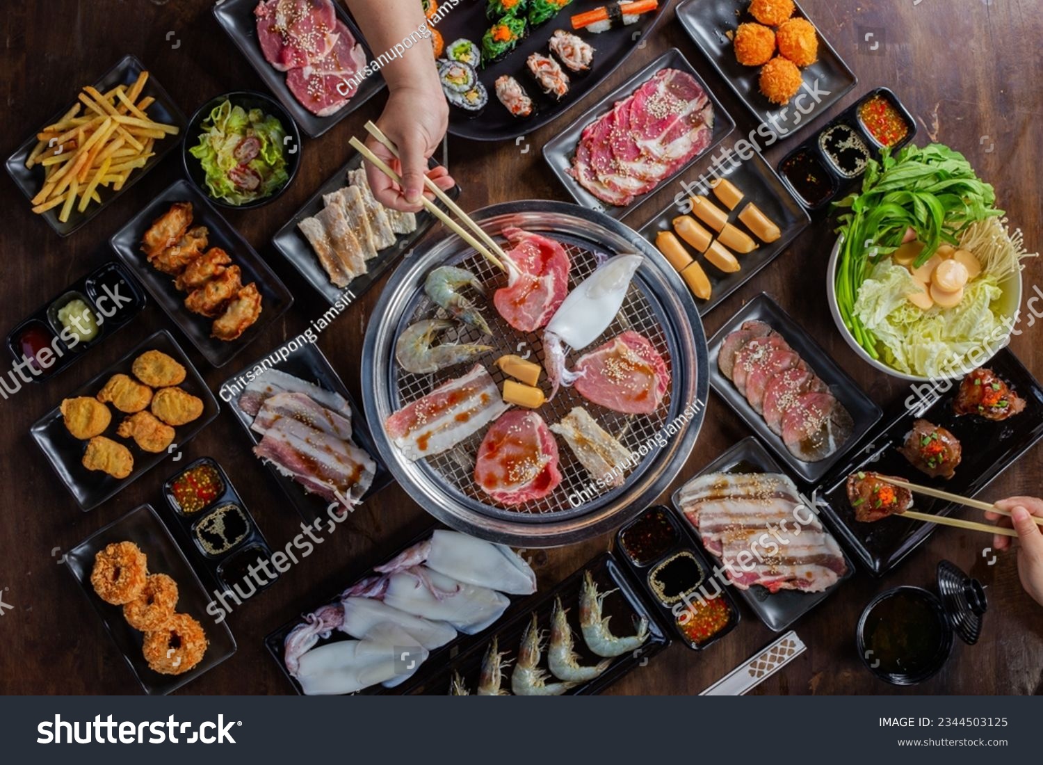 Set Shabu and Grill traditional japanese food Raw Beef Sliced and seafood for Japanese BBQ ...