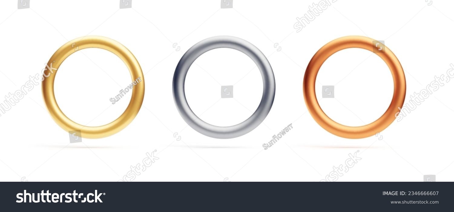 Set of golden silver copper rings 3d jewelry accessories. Front view ...