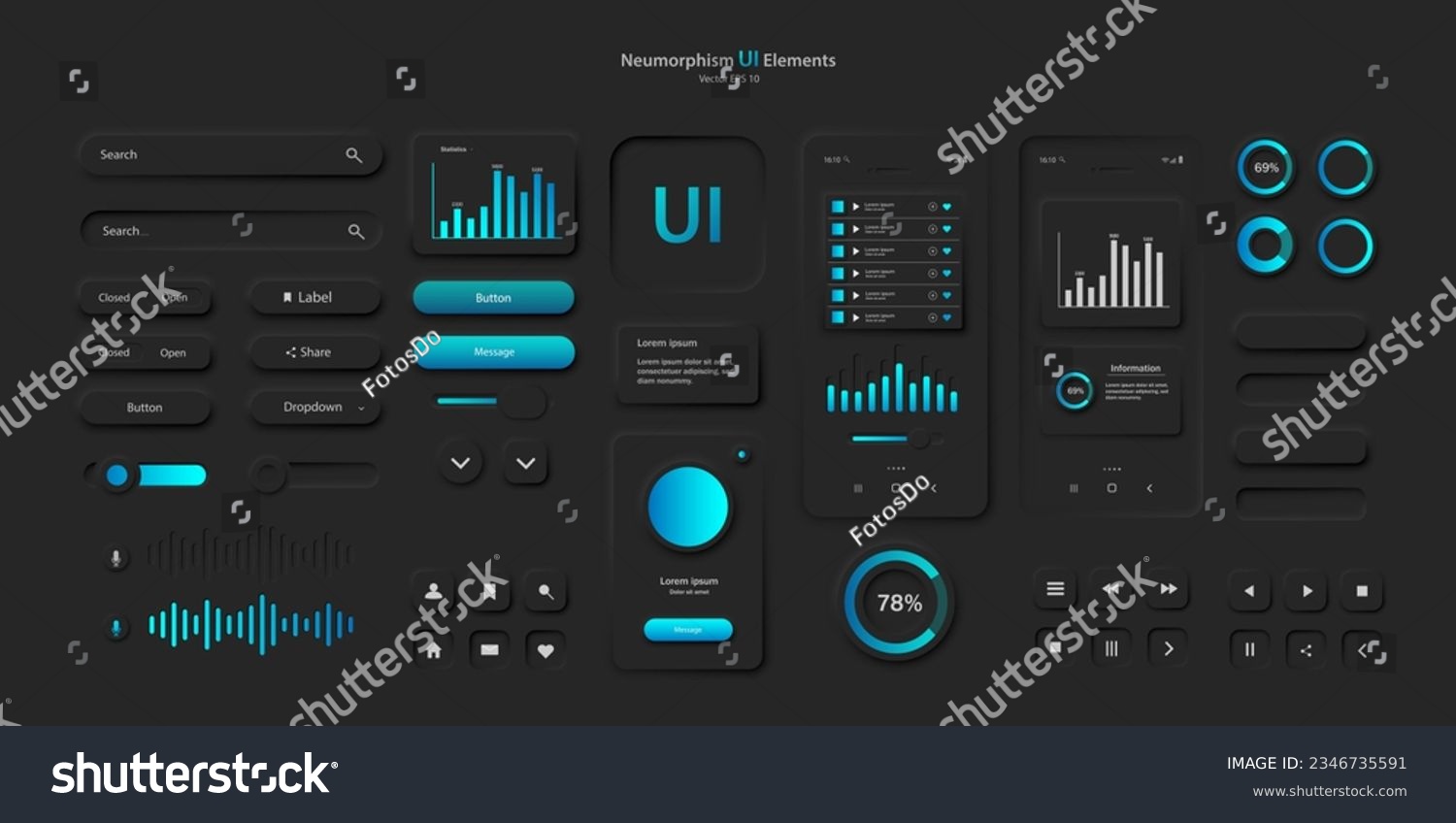 A set of user interface elements for a mobile application in black and blue. User interface ...