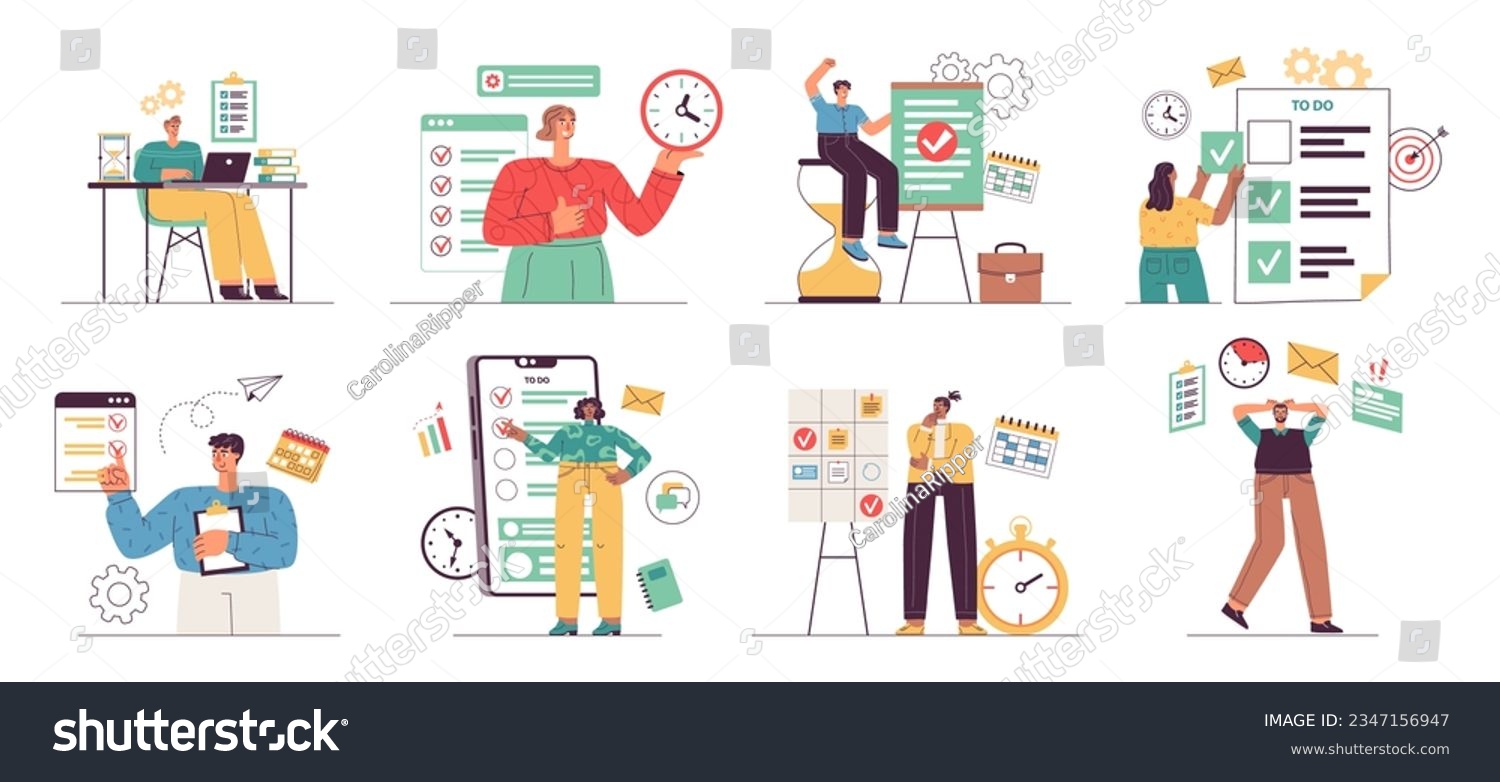 Funny people plan work schedule. Cartoon office employees make lists of ...