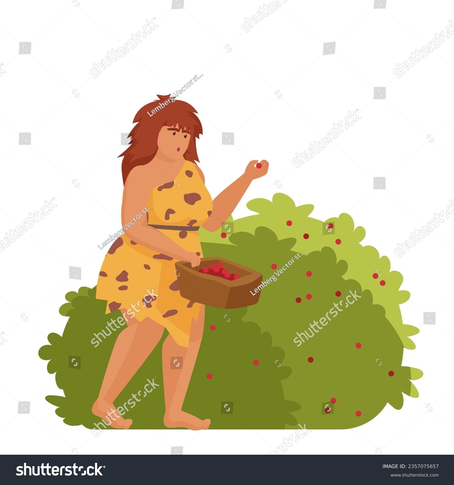 Stone age woman picking berries. Primitive food harvesting prehistoric ...