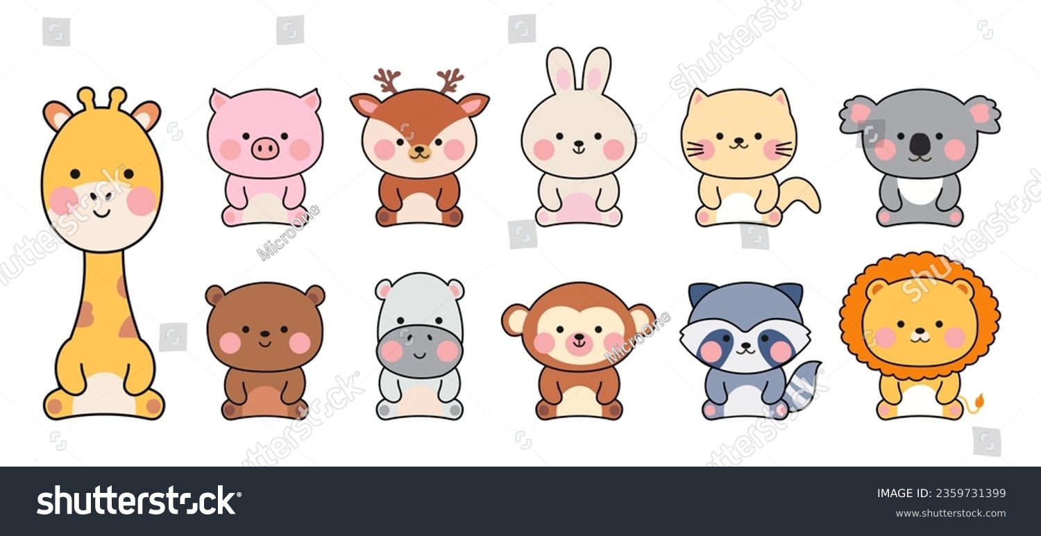 Tiny kawaii zoo animals. Cute animal zoo characters stickers in korean ...