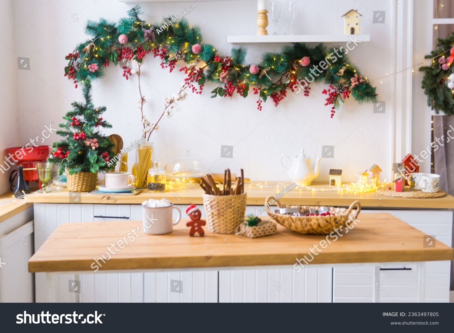 Kitchen interior decorated for Christmas and New Year. New Year's ...
