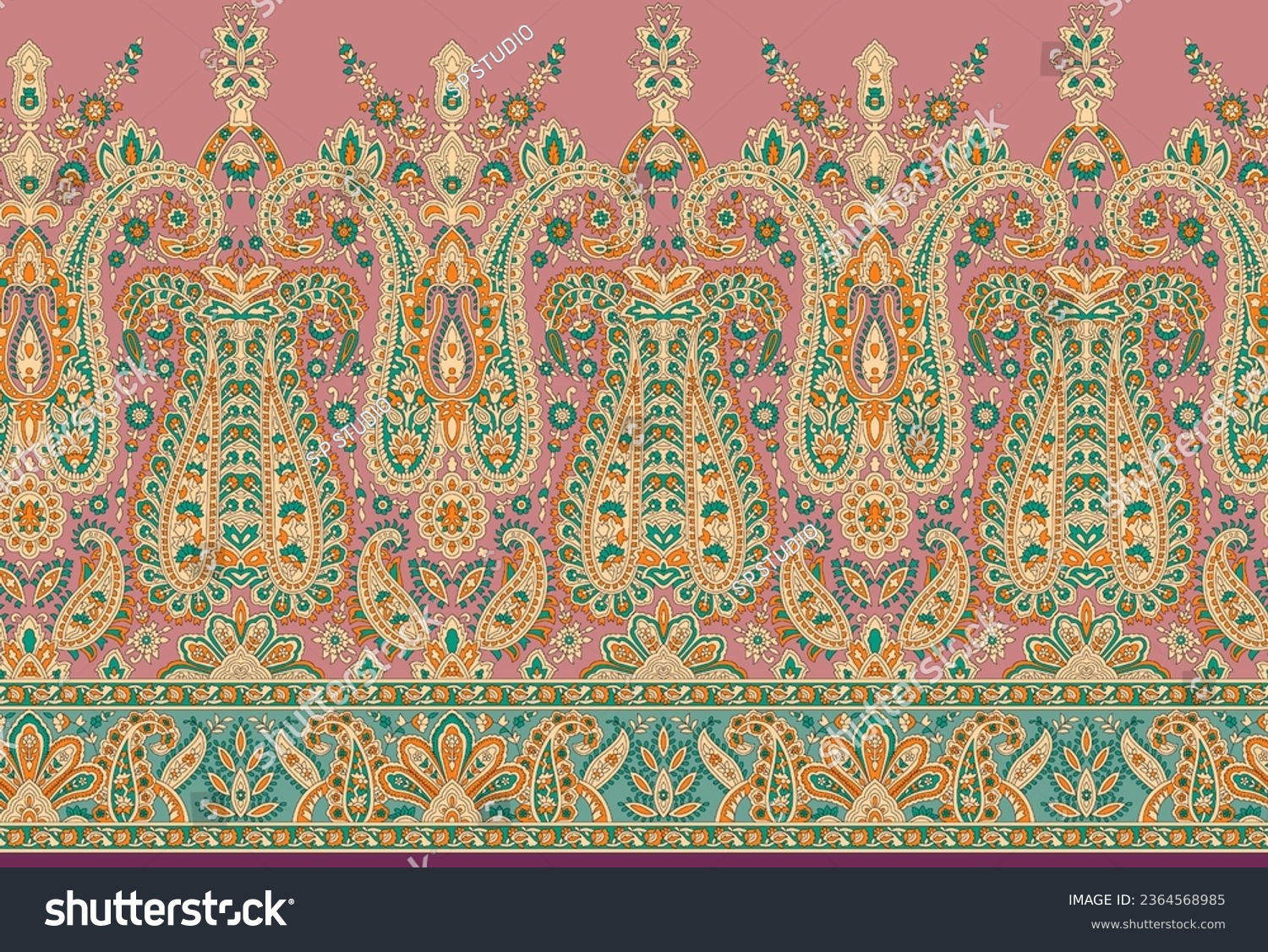 Mughal art baroque digital flowers bunch Ethnic border motif ...