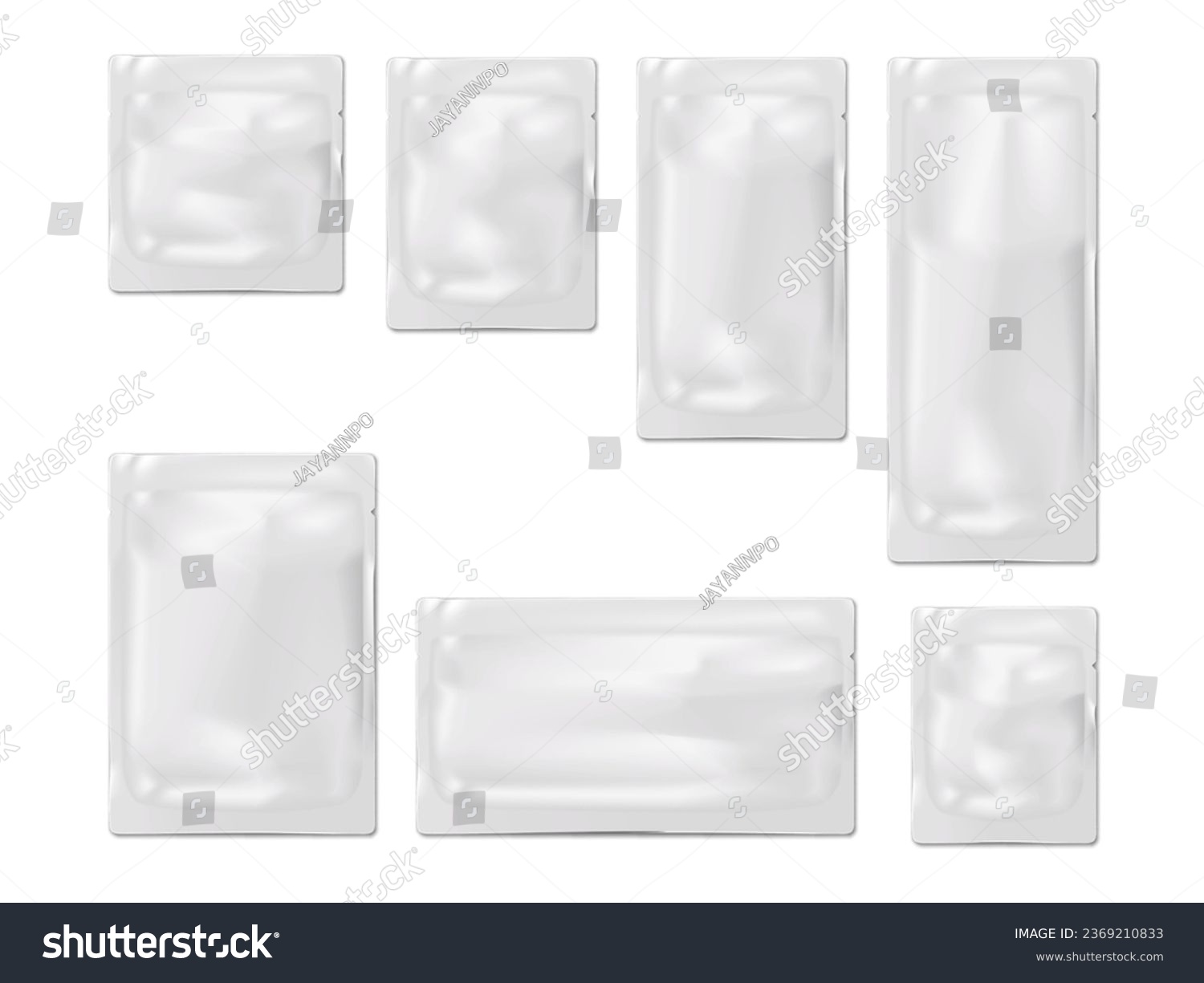 Blank white sachet packet with tear notches. Vector mock-up set ...