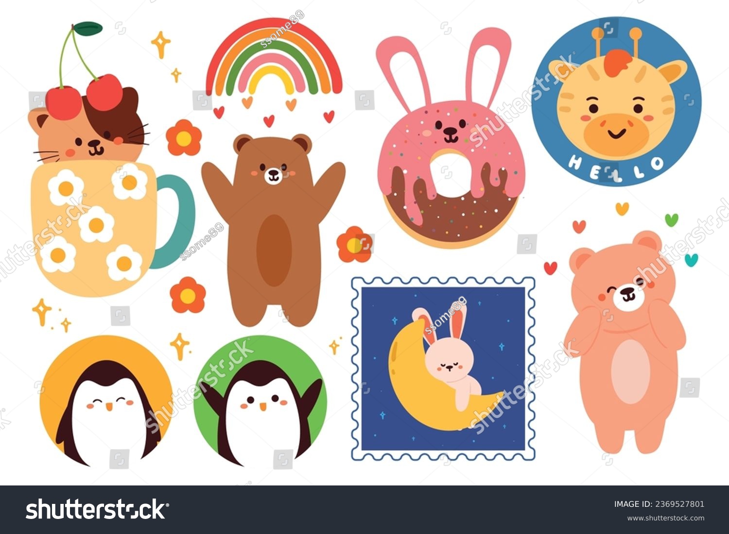 set of cartoon cute element sticker. for kids sticker cute doodle ...