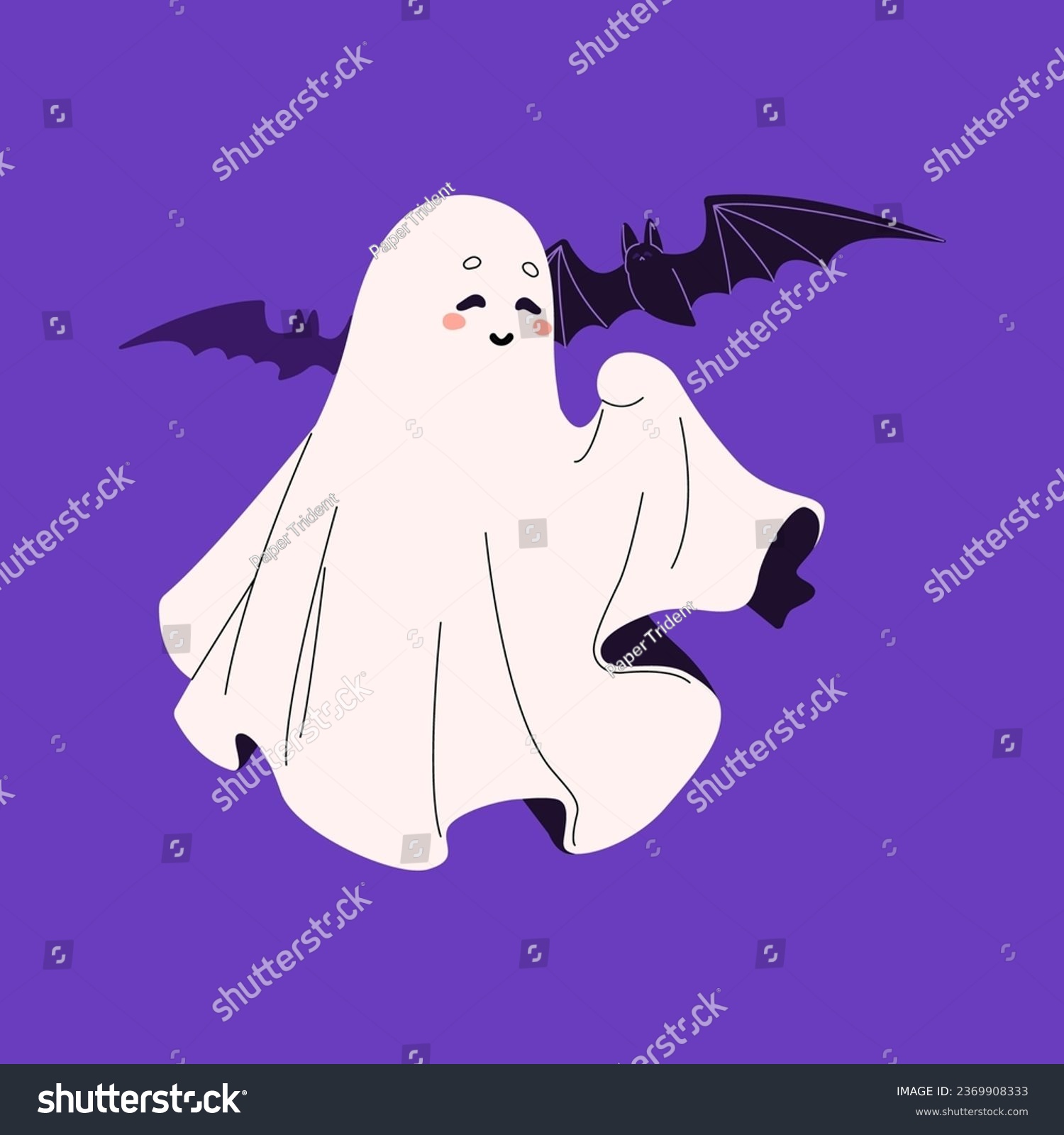 Halloween spook fly with bat. Cute ghost glad to see creepy flying ...