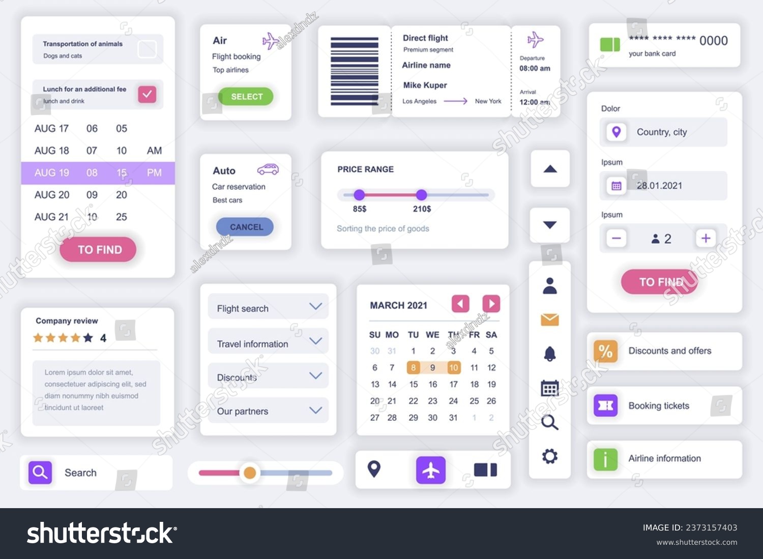 User interface elements set for booking mobile app. Kit template with HUD diagrams airline ...